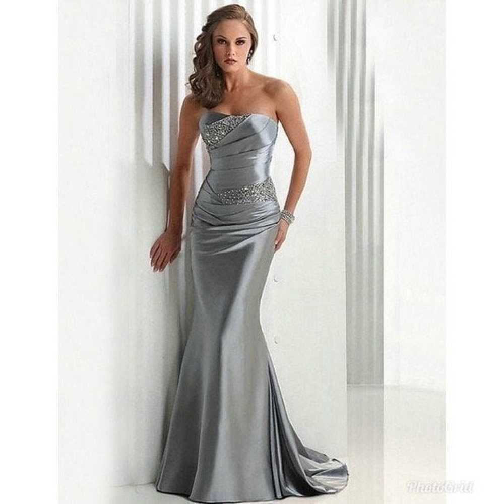 Silver Strapless Mermaid Beaded Gown - Gem