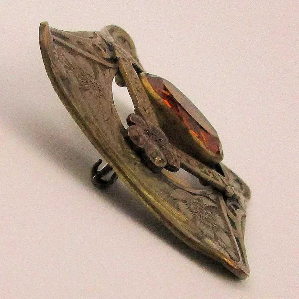 Victorian Large Brass Sash Pin W Amber Glass Stone Gem