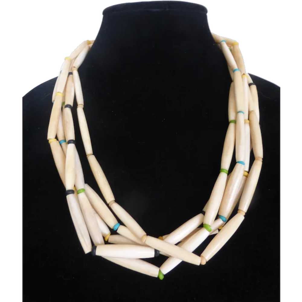 Ethnic Multi Strand Natural Bone Necklace Glass Beads Gem