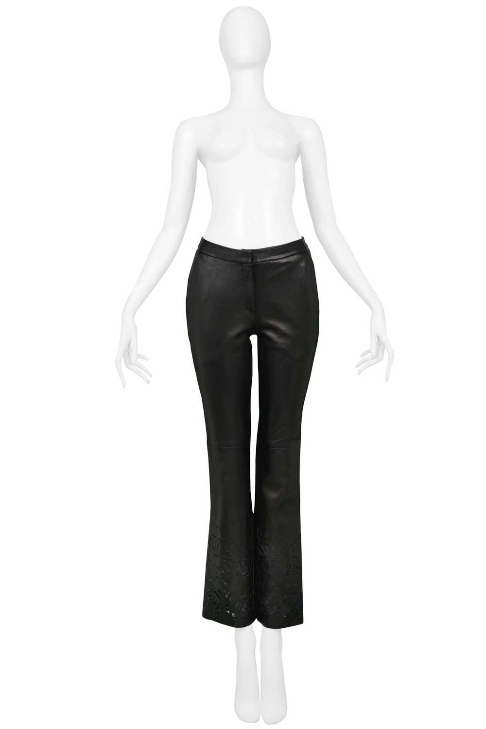 Versace Black Leather Pants With Floral Laser Cutouts Gem
